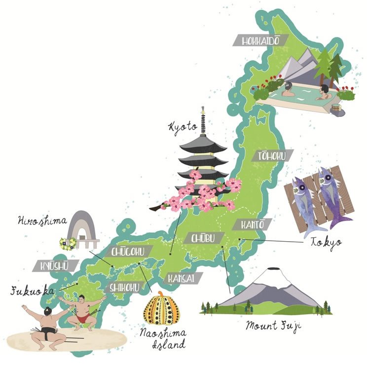 Illustrated map of Japan - Bek Cruddace Illustration Illustrated map of Japan - Bek Cruddace Illustration